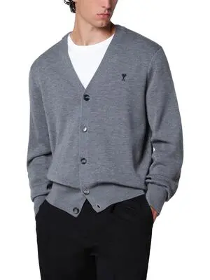 AMI Paris Wool Cardigan With De Coeur Embroidery - Grey