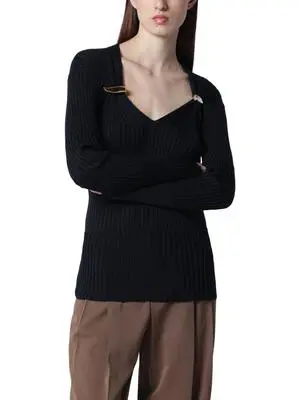 Bottega Veneta Ribbed Cashmere And Silk Sweater With Pins - Blue