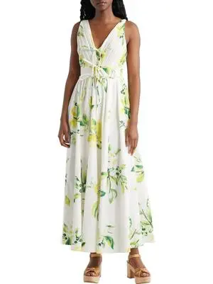 MOON RIVER Plissé Tie Front Cotton Maxi Dress