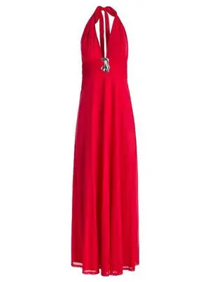 KATE BARTON Plunge Neckline Mesh Halter Gown - Raspberry