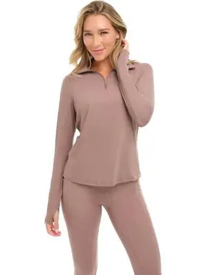 BLOQUV Long Sleeve Relaxed Mock Zip Sun Protection Top - Mocha