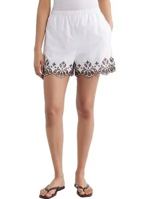 Madewell Embroidered Pull-On Poplin Shorts White W Brown Eyelet