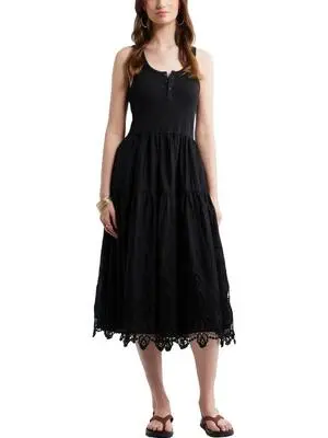 Treasure & Bond Embroidered Mixed Media Henley Tank Dress - Black
