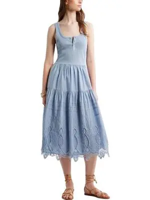Treasure & Bond Embroidered Mixed Media Henley Tank Dress - Blue Blizzard
