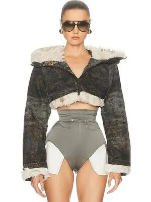 DIESEL® Cropped Faux Fur Zip Up Jacket - Black