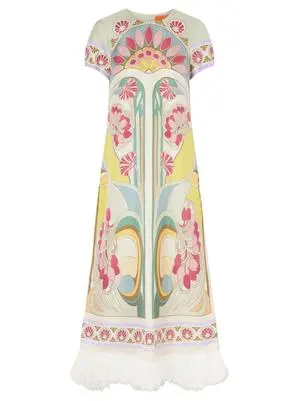 La DoubleJ Swing Feather-trimmed Silk Maxi Dress - Multi