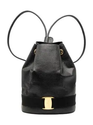 FERRAGAMO Lizard Embossed Leather Vara Bow Drawstring Backpack - Black