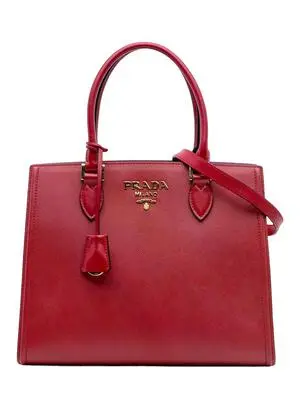 Prada Soft Calf Trimmed Saffiano Convertible Tote Satchel - Red