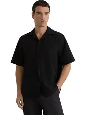 REISS Eclipse Textured Cuban-collar Short-sleeve Shirt Black