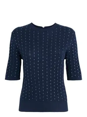 Maje Cotton-blend Rhinestone Short Sleeve Sweater - Blue