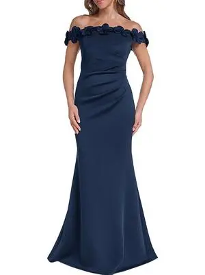 Eliza J Off The Shoulder 3d Floral Gown - Navy