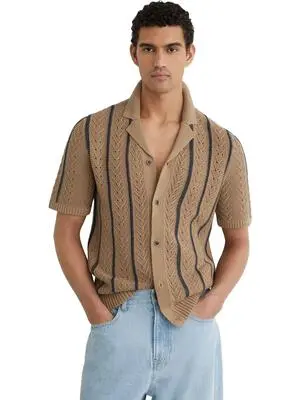 REISS Ellingham Cotton-blend Textured-knit Stripe Shirt Light Camel