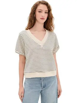 PERFECTWHITETEE French Terry Stripe V-neck Short Sleeve Sweatshirt - Natural/charcoal
