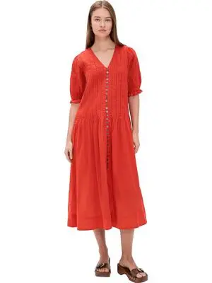 Sea Alberte Solid Puff Sleeve Dress - Red