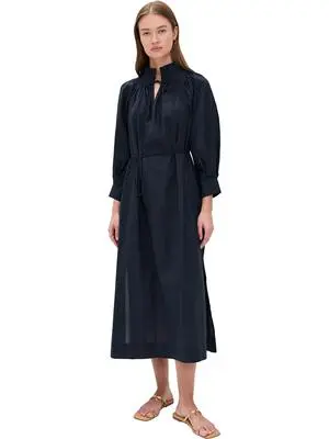 Merlette Shore" Maxi Dress With Pleated Detailing And Tie Belt - Navy