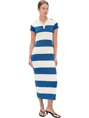 ROWING BLAZERS Striped Ribbed Knit Polo Maxi Dress - Blue White Stripe