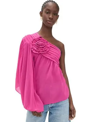 Farm Rio Rose Applique One Shoulder Puff Sleeve Blouse - Pink