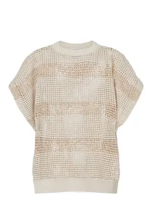 Brunello Cucinelli Open-knit Sequined Cotton Sweater - Beige