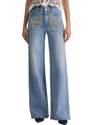 Alice + Olivia Chic Embellished Wide Leg Jeans - Denim