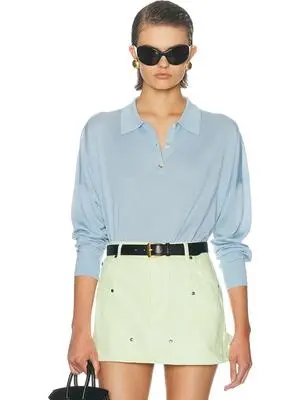 Renggli Silk Cashmere Boxy Long Sleeve Polo Top - Azure