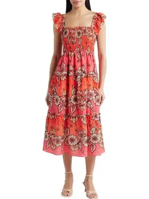 VINCE CAMUTO Floral Print Smock Midi Dress