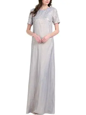 EMILY SHALANT Beaded Metallic Chiffon Gown - Light Blue