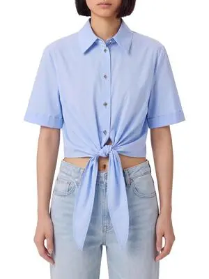 Liu Jo Cropped Cotton Shirt With Front Tie Detail - Gnawed Blue