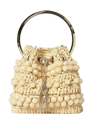 JIMMY CHOO Jimmy Choo Raffia Bucket Bag With Beading And Hoop Handle Gold