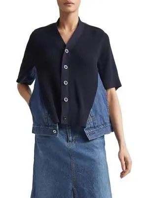 Sacai Mixed Media Knit & Denim Cardigan - Navy/blue