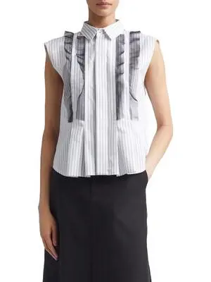 Sacai Stripe Poplin & Chiffon Button-up Shirt - Off White Stripe