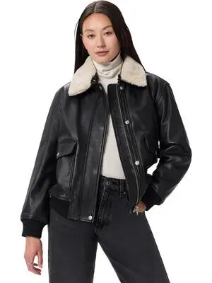 Quince Leather Shearling Trim Aviator Jacket - True Black
