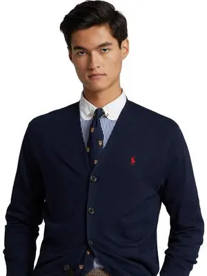 Ralph Lauren Cotton V-neck Fine Knit Cardigan - Hunter Navy