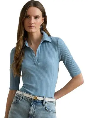 Ralph Lauren Rib-knit Elbow-sleeve Polo Tee - Blue Note