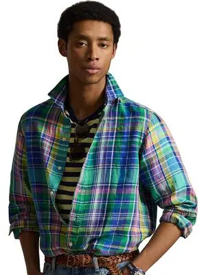 Ralph Lauren Classic Fit Plaid Slub Linen Shirt - Seafoam Blue Multi