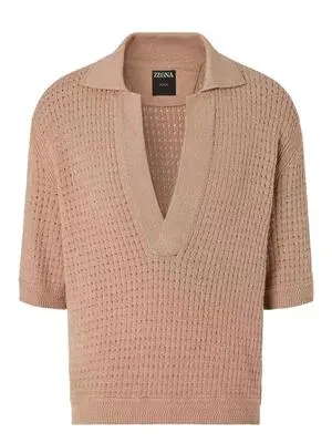 Zegna V-neck Knit Cotton Polo Shirt - Neutrals
