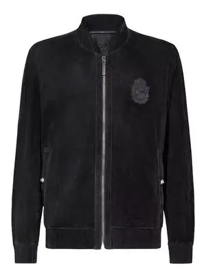 BILLIONAIRE Leather Jacket With Crest Patch - Blue