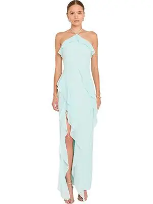 Amanda Uprichard Alessandra Chiffon Maxi Dress With Halter Neckline And Ruffled Accents - Celadon