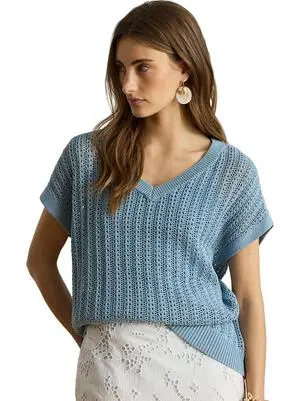 Ralph Lauren Cotton-blend Mesh V-neck Short-sleeve Sweater - Blue Note
