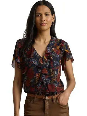Ralph Lauren Floral Ruffle-Trim Georgette Blouse Navy Multi