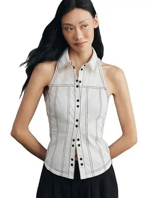 PILCRO Contrast Stitch Sleeveless Top - Ivory Cream