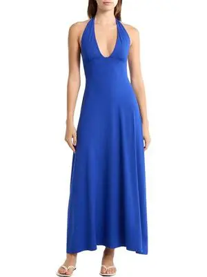 PACSUN Alexa Plunge Halter Neck Midi Dress - Blue