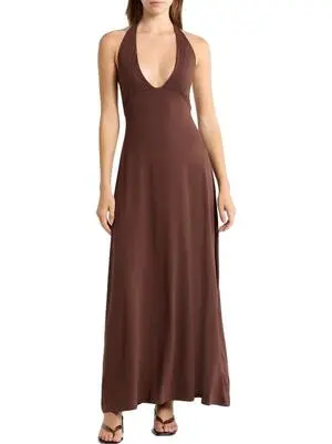PACSUN Alexa Plunge Halter Neck Midi Dress - Brown