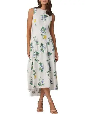 Shoshanna Embroidered Linen Cambridge Midi Dress - Optic Multi