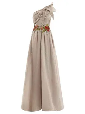 GEMY MAALOUF Floral-embroidered One-shoulder Maxi Dress - Neutrals