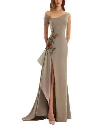 GEMY MAALOUF Off-Shoulder Embroidered Maxi Dress