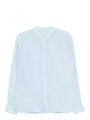 120% Lino Linen Band-collar Shirt - Blue