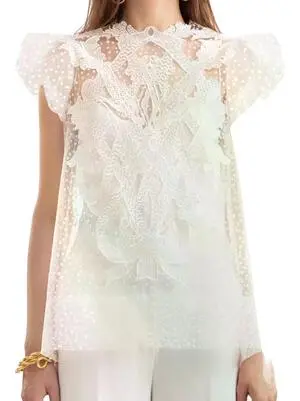 GEMY MAALOUF Embroidered Ruffled Blouse - White