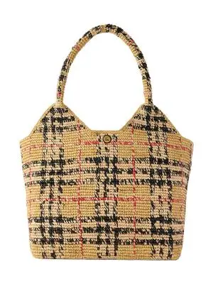 Burberry Margate Checked Raffia Tote Beige