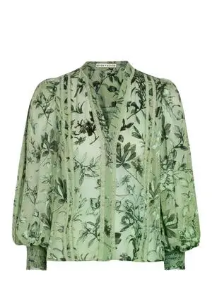 Alice + Olivia Floral-Print Lace-Trim Blouse Green