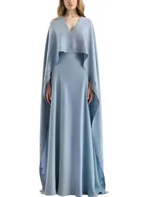 GEMY MAALOUF Embroidered Cape V-neck Maxi Dress - Blue